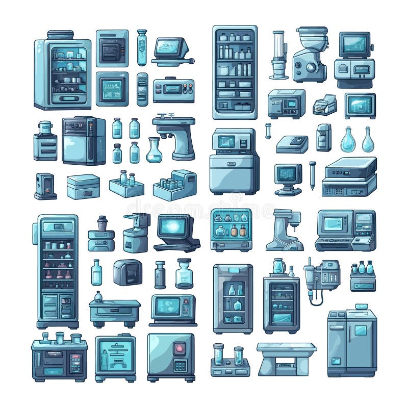 Laboratory Equipment Cartoon Vector Set. Cryogenic Chamber Glass Flasks ...