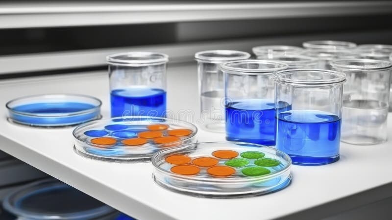 Laboratory Equipment with Colorful Solutions in Glass Containers and ...