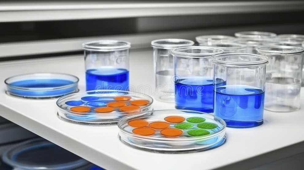 Laboratory Equipment with Colorful Solutions in Glass Containers and ...
