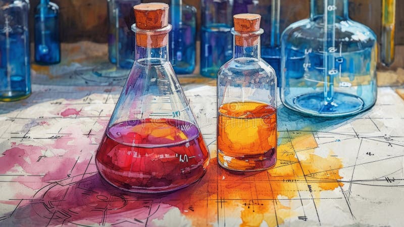 Laboratory Equipment Drawing, Glass Bottles and Experiment Flasks ...