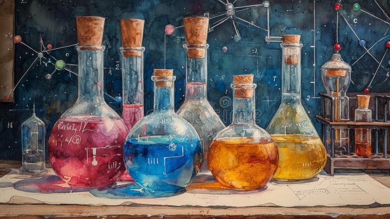 Laboratory Equipment Drawing, Glass Bottles and Experiment Flasks ...