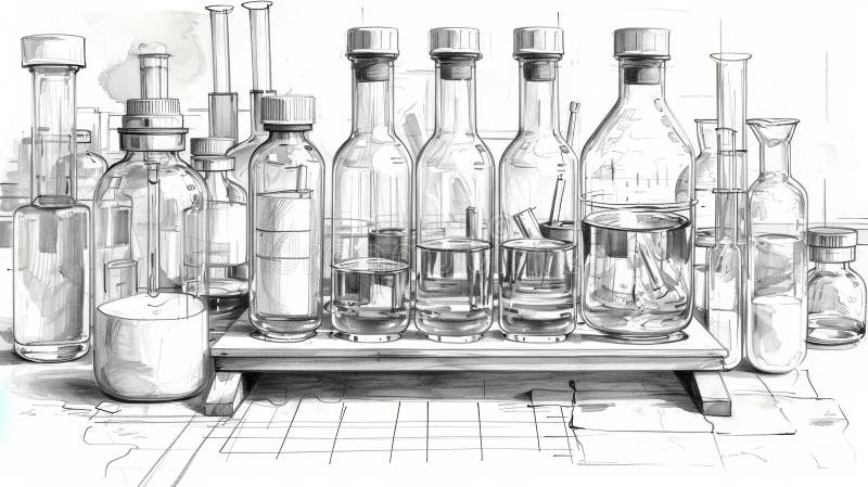 Laboratory Equipment Drawing, Glass Bottles and Experiment Flasks ...