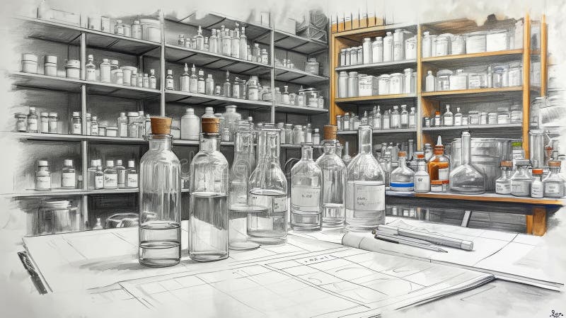 Laboratory Equipment Drawing, Glass Bottles and Experiment Flasks ...