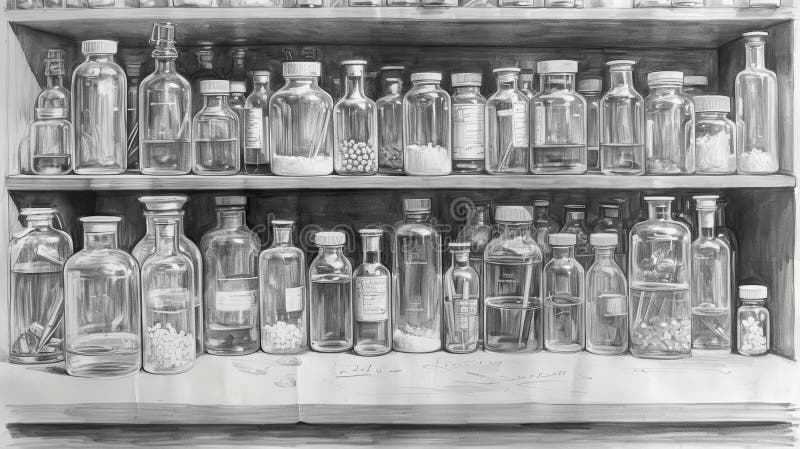Laboratory Equipment Drawing, Glass Bottles and Experiment Flasks ...