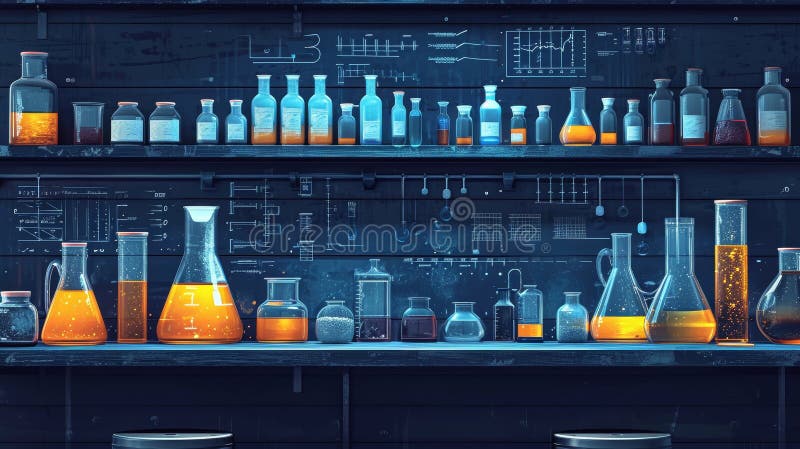 Laboratory Equipment Drawing, Glass Bottles and Experiment Flasks ...