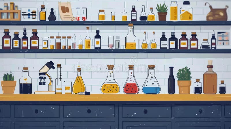 Laboratory Equipment Drawing, Glass Bottles and Experiment Flasks ...