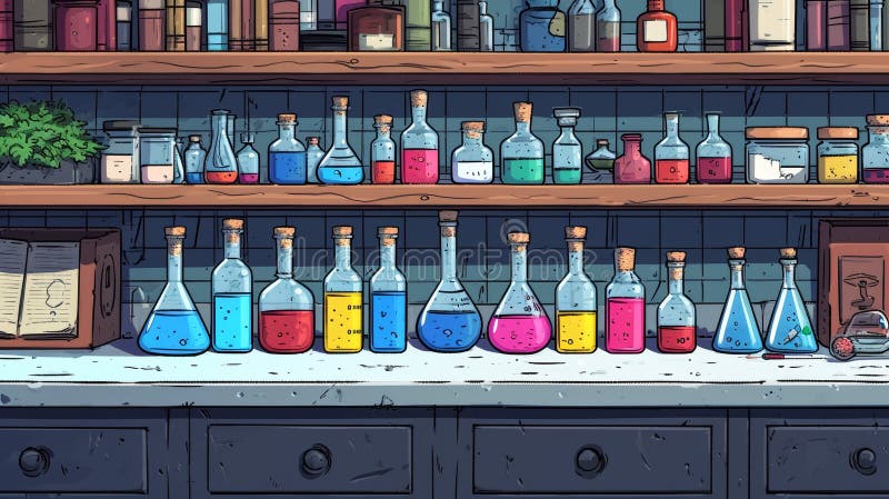 Laboratory Equipment Drawing, Glass Bottles and Experiment Flasks ...