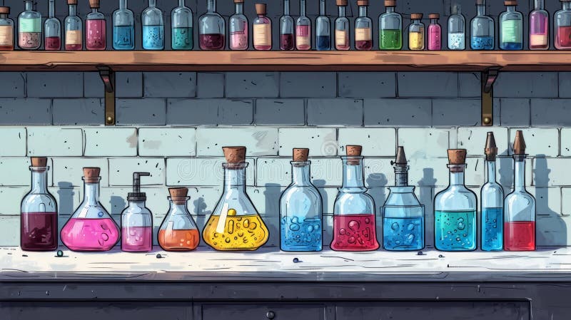 Laboratory Equipment Drawing, Glass Bottles and Experiment Flasks ...