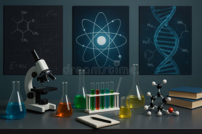 Laboratory Equipment Exploring Atom, Chemical Formulas and DNA ...