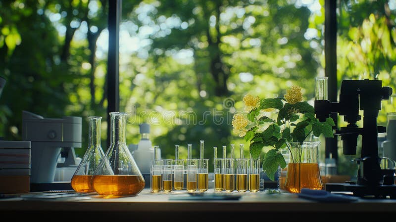 Laboratory Equipment Featuring Green Plants and a DNA Helix. Stock ...
