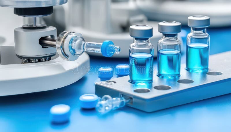 Laboratory Equipment with Vials of Blue Liquid for Vaccine Preparation ...