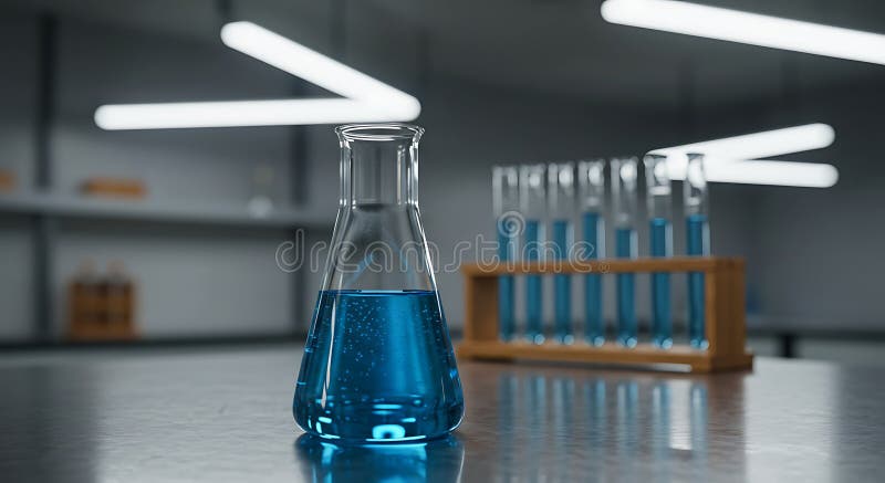 Laboratory Erlenmeyer Flask: Blue Liquid, Modern Setting Stock Image ...