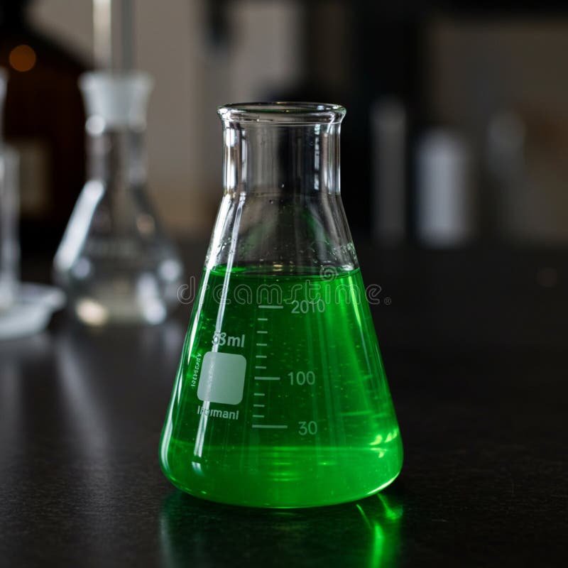 A Laboratory Erlenmeyer Flask Containing a Vibrant Green Liquid Sits on ...