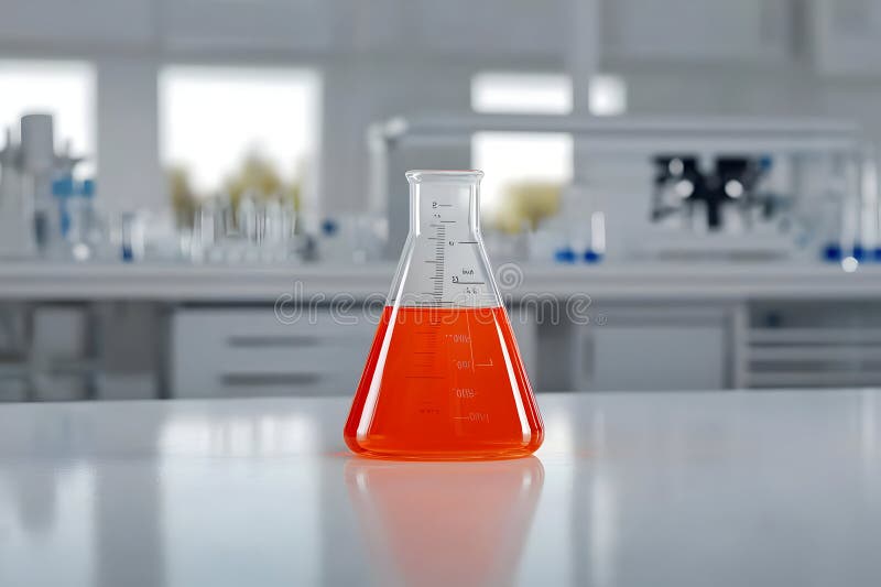 Laboratory Erlenmeyer Flask with Orange Liquid in a Modern Lab Setting ...