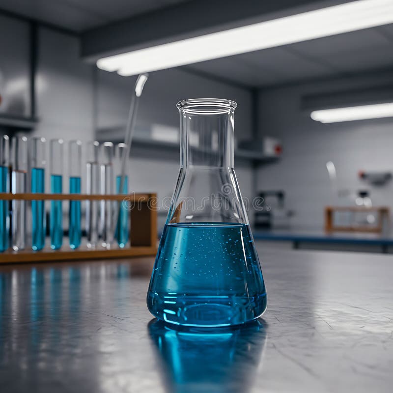 Laboratory Erlenmeyer Flask: Serene Blue Liquid in a Modern Lab Setting ...