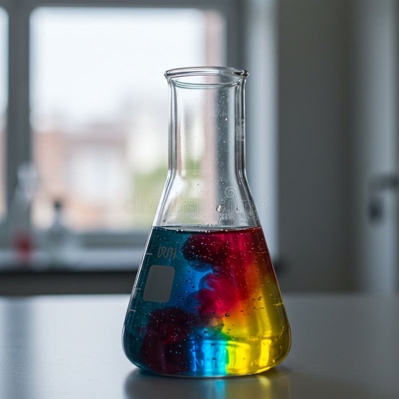 A Laboratory Erlenmeyer Flask on a Table Contains a Colorful Liquid ...
