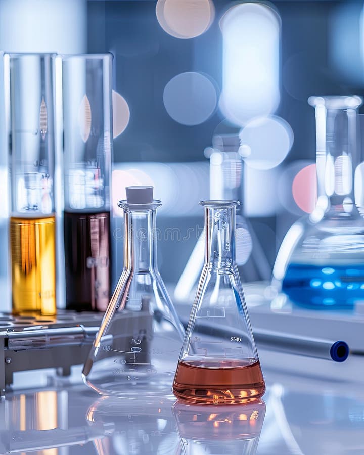 Laboratory Erlenmeyer Flasks and Test Tubes Filled with Colored Liquids ...