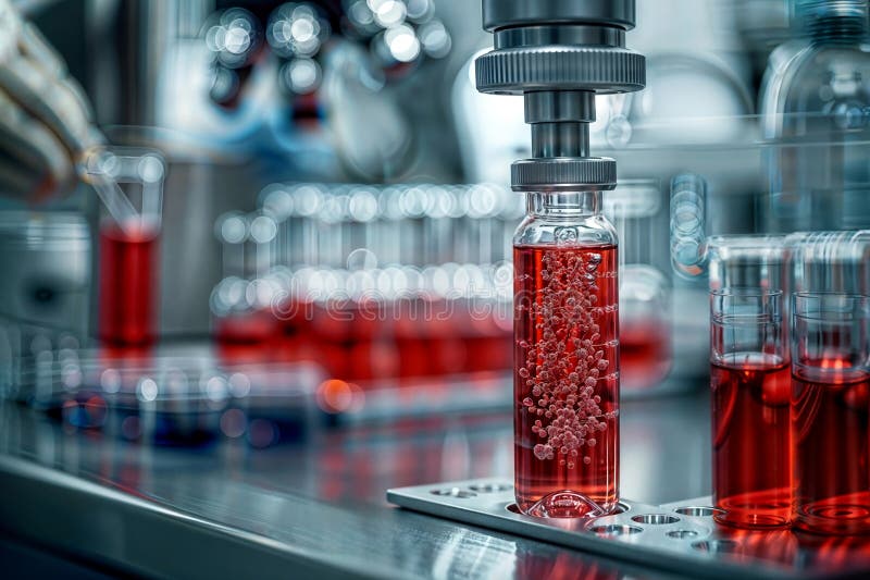 Lab Experiment with Red Liquid and Bubbles Close-Up, Generative Ai ...