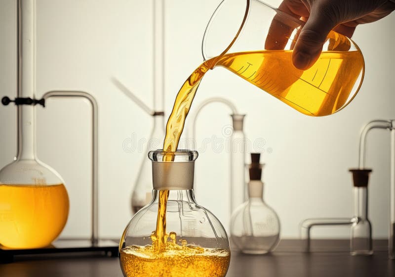 Laboratory Experiment with a Hand Pouring Yellow Liquid into a Flask ...