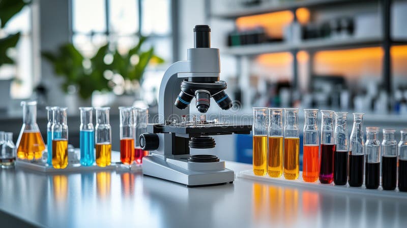 Laboratory Experiment, Microscope and Vibrant Chemicals in Test Tubes ...