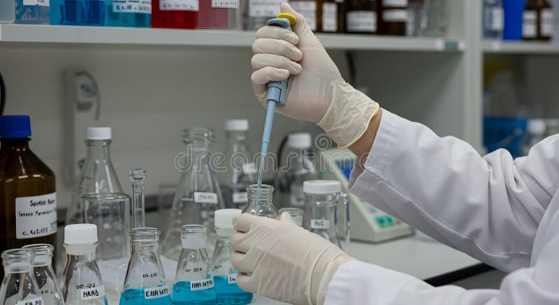 Laboratory Experiment: Scientist Adding Sample To Flask with Pipette ...