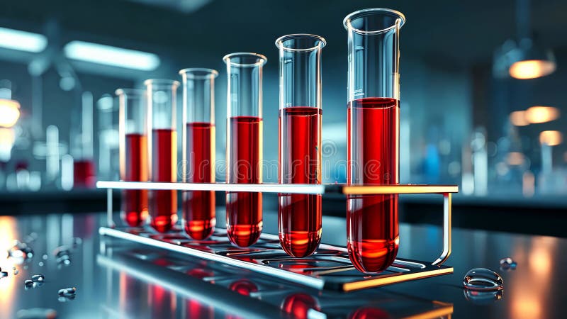 Laboratory Experiment Showcasing Red Liquid Samples in Glass Test Tubes ...