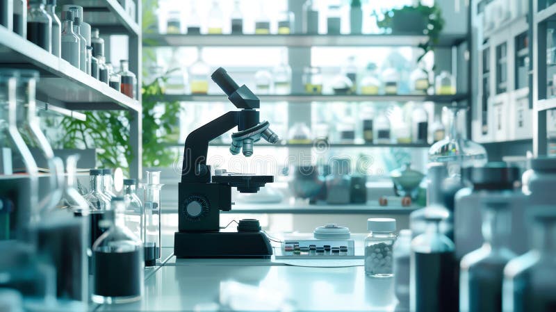 The Laboratory Features a Sleek Black Microscope Amid an Array of ...
