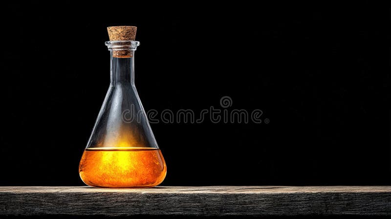 Laboratory Flask with Amber Liquid on a Wooden Surface Against a Black ...