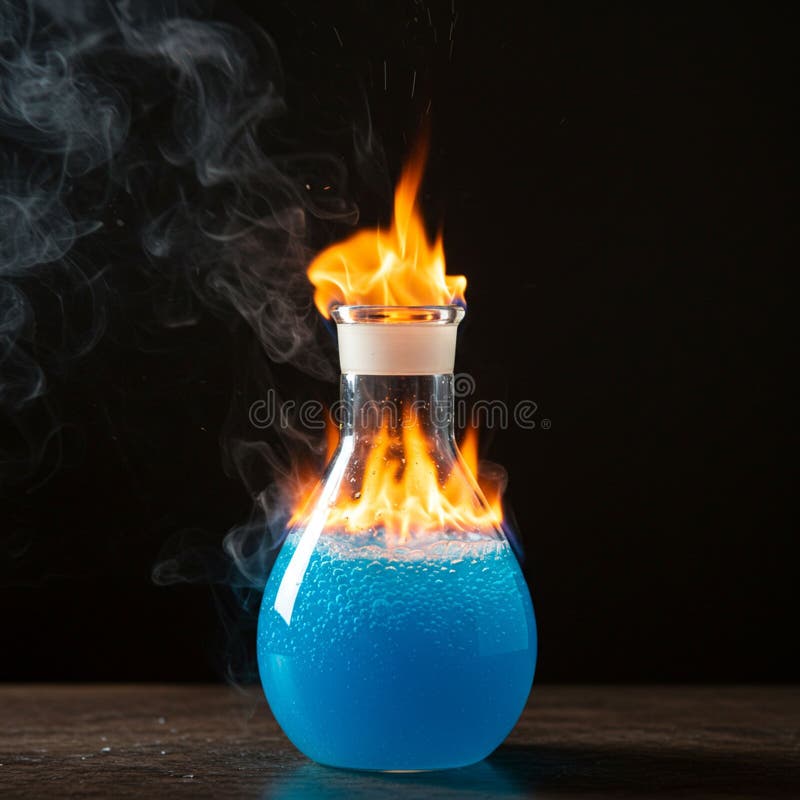 A Laboratory Flask Filled with a Blue Liquid is Emitting Flames from ...