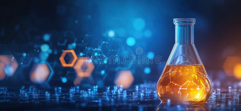 Laboratory Flask with Glowing Liquid and Abstract Scientific Background ...
