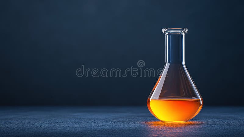Laboratory Flask with Orange Liquid on a Dark Background Isolated View ...
