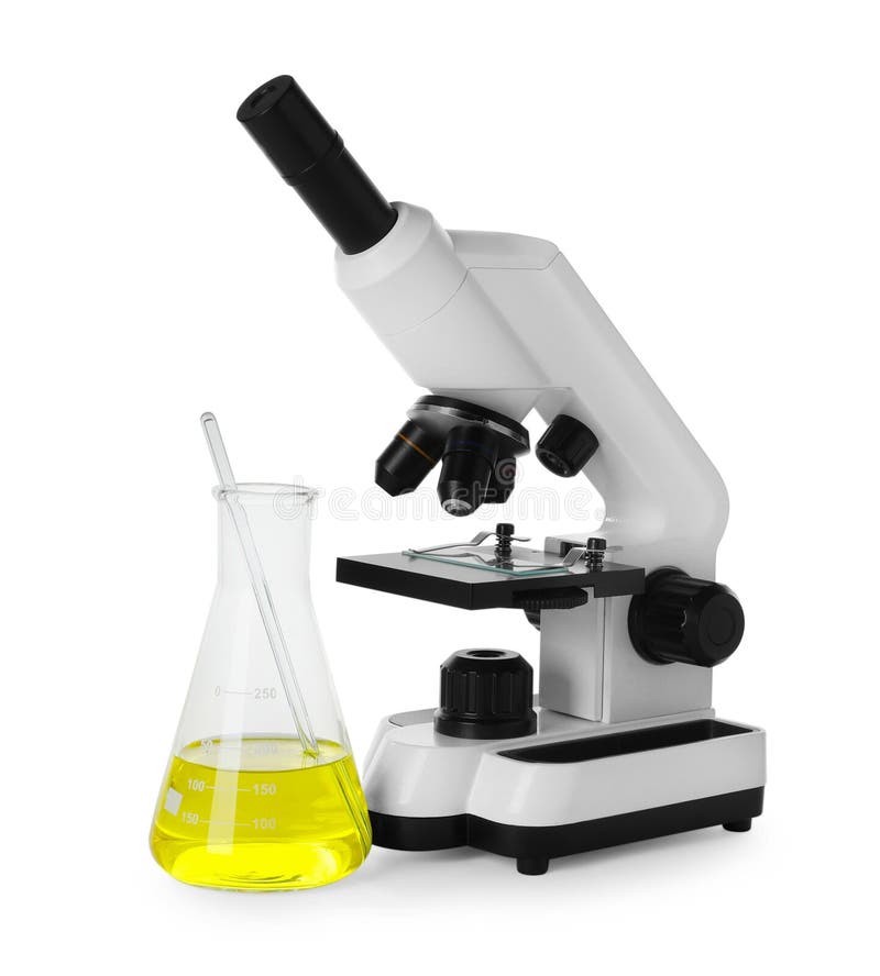 Laboratory Flask with Yellow Liquid and Microscope Isolated on White ...