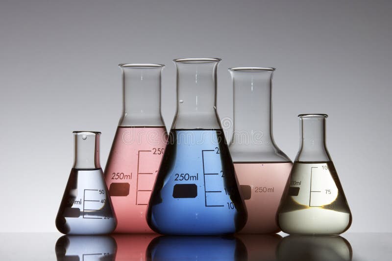 Five Laboratory Flasks with a Clear Liquid Stock Image - Image of ...