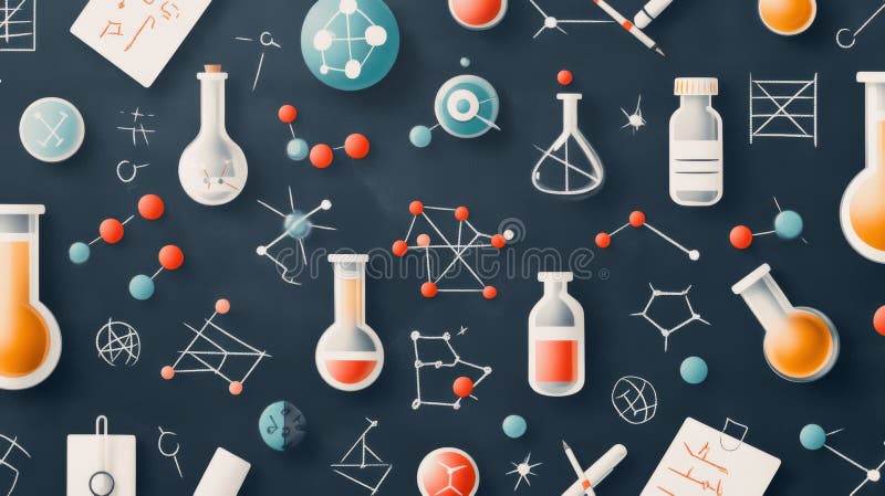 Laboratory Flat Lay Beakers, Molecules and Formulas on Dark Blue ...