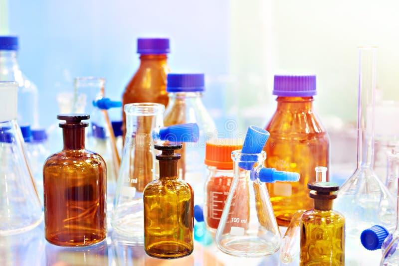 Laboratory Glass Bottles and Flasks in Store Stock Image - Image of ...
