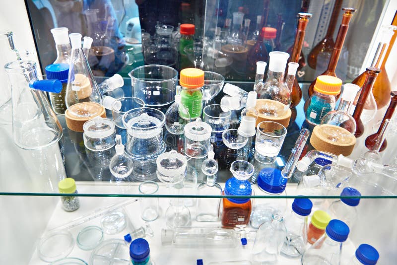 Laboratory Glass Bottles and Flasks in Store Stock Image - Image of ...