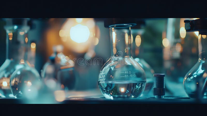Laboratory - Glass Flasks Filled with Clear Liquid in the Background, Creating a Scientific ...