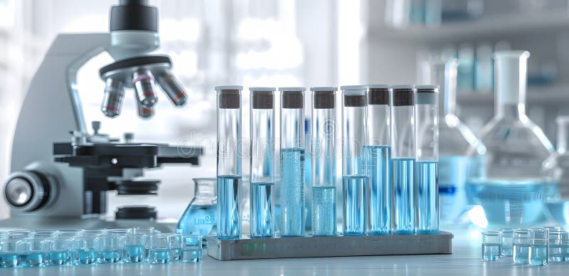Laboratory Glassware with Blue Liquid and Microscope Stock Illustration ...