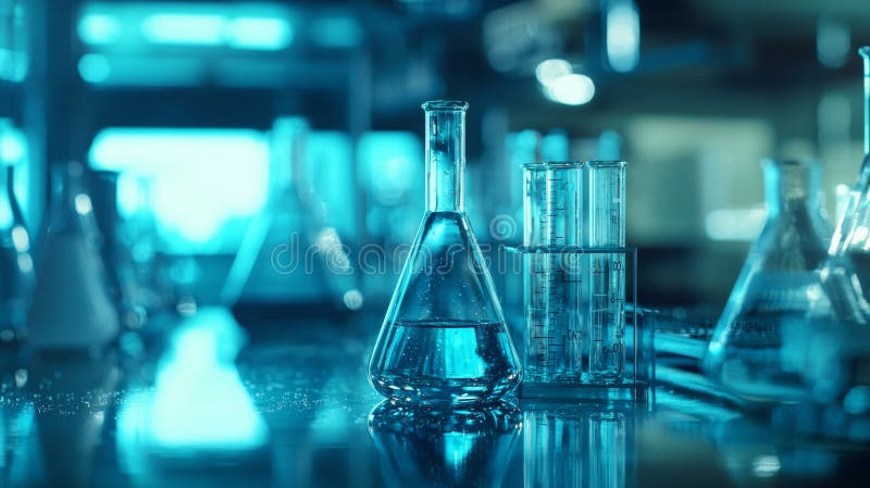 Laboratory Glassware with Blue Liquid in a Science Research Environment ...