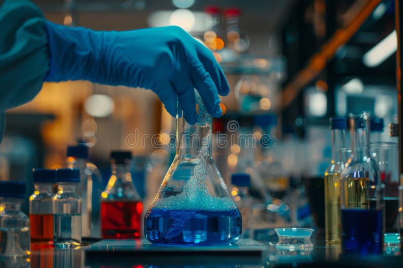 Laboratory Glassware with Blue Liquid in Scientist Hand, Science ...