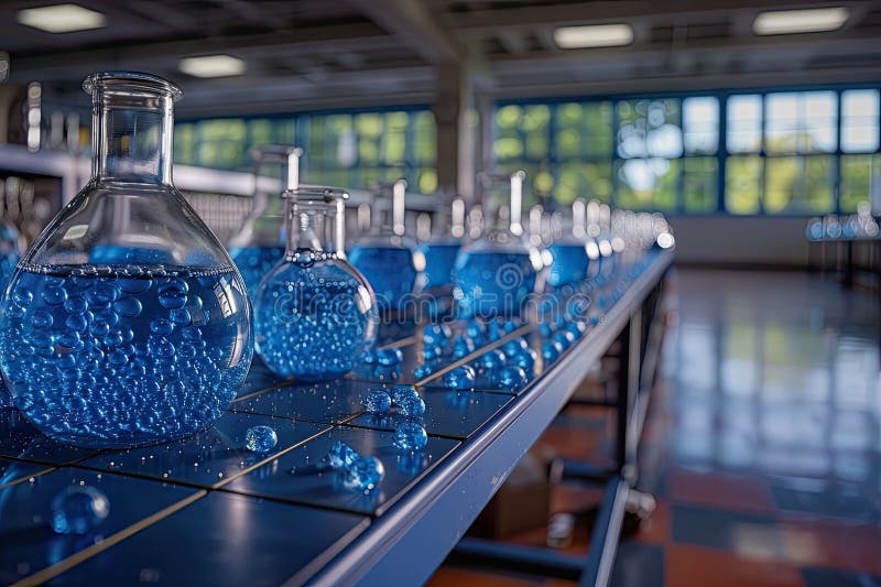 Laboratory Glassware with Blue Liquid on a Table in the Science Lab ...