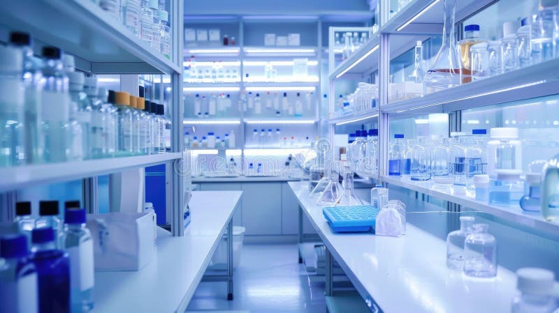 Laboratory with Glassware and Chemicals on Shelves Stock Image - Image ...