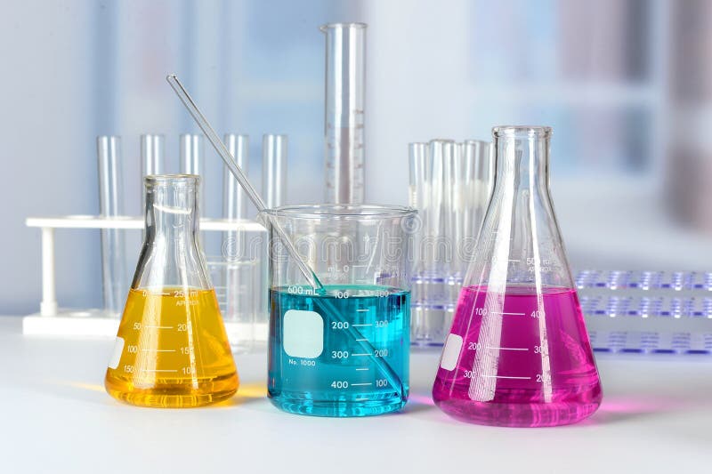 Laboratory Glassware with Colored Solutions Stock Image - Image of ...