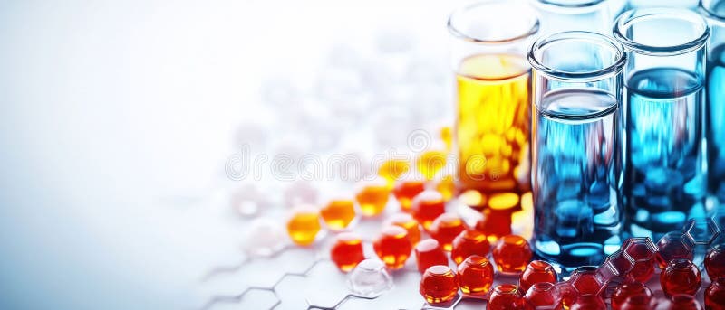 Laboratory Glassware with Colorful Chemicals and Molecule Models Stock ...