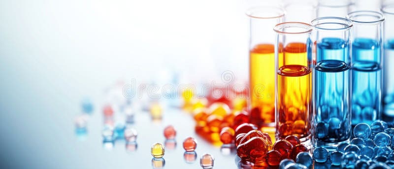 Laboratory Glassware with Colorful Chemicals and Molecule Models Stock ...