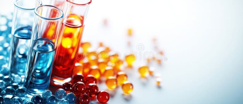 Laboratory Glassware with Colorful Chemicals and Molecule Models Stock ...