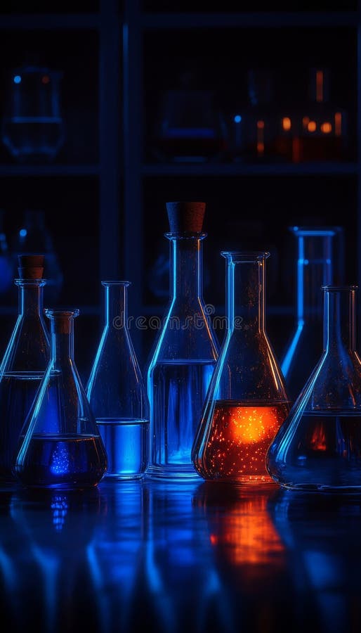 Laboratory Glassware with Colorful Solutions, Flasks and Beakers on a ...