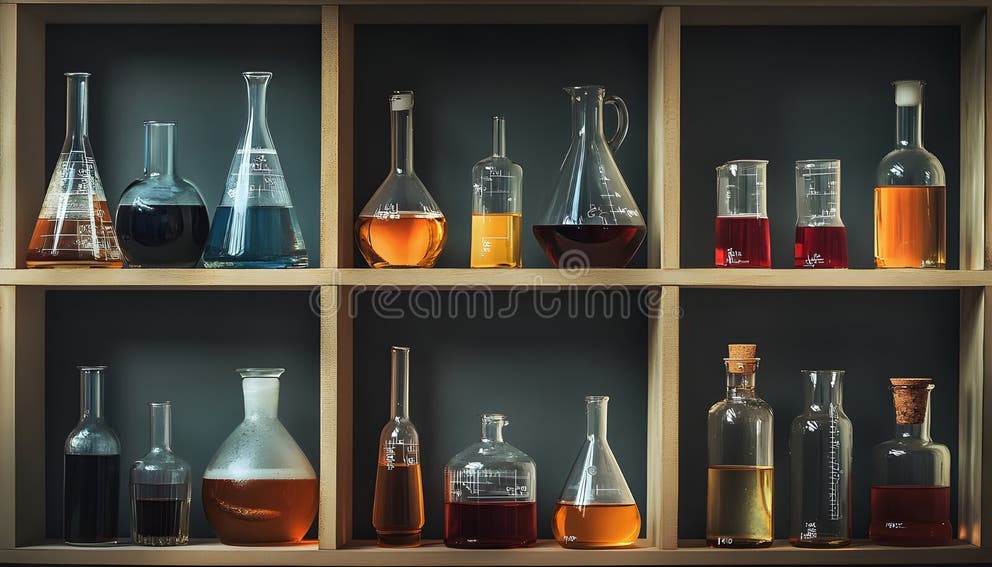 Laboratory Glassware. Different Flasks and Test Tubes with Samples ...