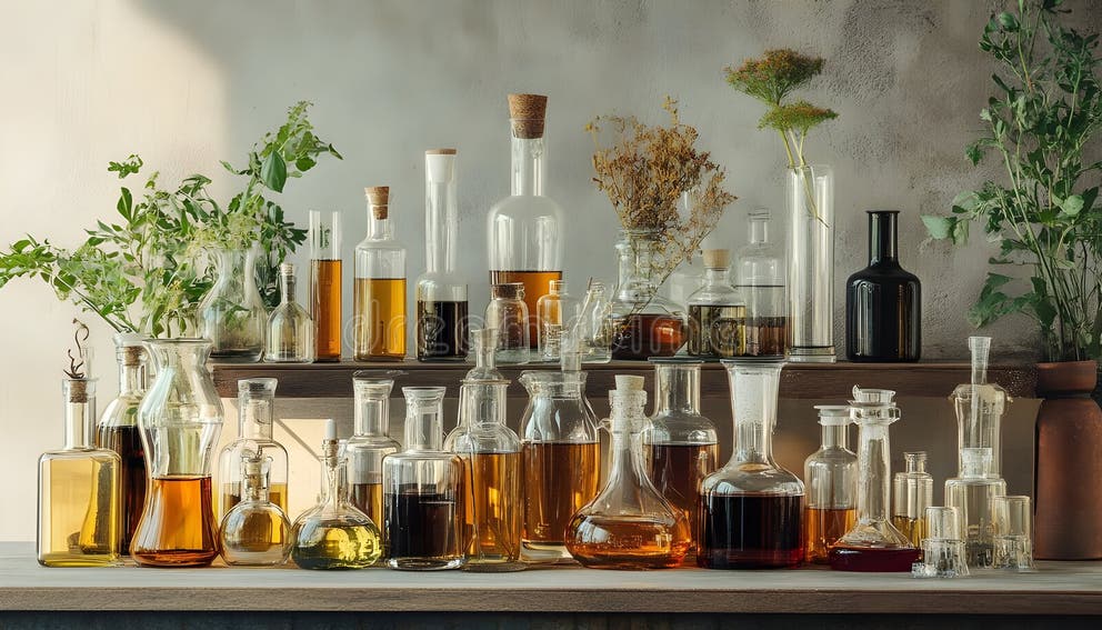 Laboratory Glassware. Different Flasks and Test Tubes with Samples ...