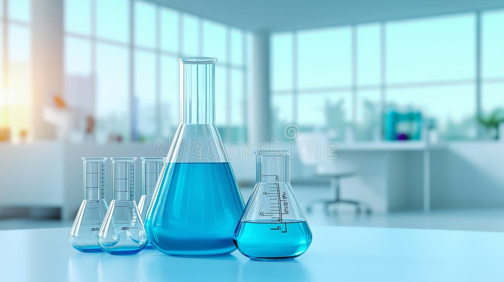 Laboratory Glassware Filled with Blue Liquid is Arranged Table Bright ...